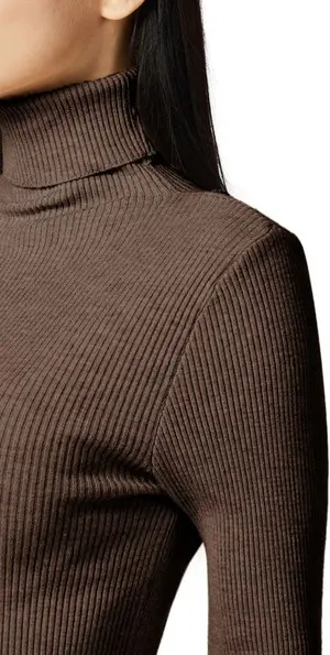 ZILPU Slim Fit Ribbed Turtleneck Sweater Top - Brown