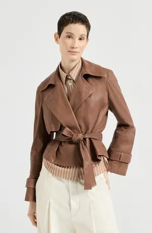 Brunello Cucinelli Vintage Nappa Leather Cropped Trench With Monili - Brown