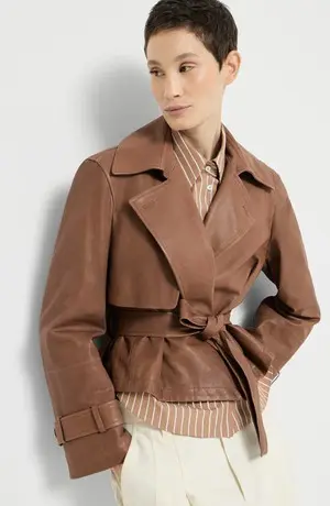 Brunello Cucinelli Vintage Nappa Leather Cropped Trench With Monili