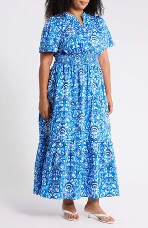 SUGARLIPS Lulu Floral Smocked Cotton Poplin Maxi Dress - Light-blue-white