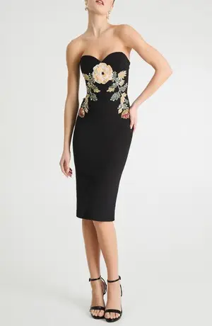 HELSI Sloane Floral Appliqué Strapless Cocktail Dress - Black