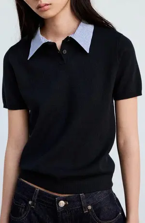 Mango Stripe Collar Polo Sweater - Dark Navy