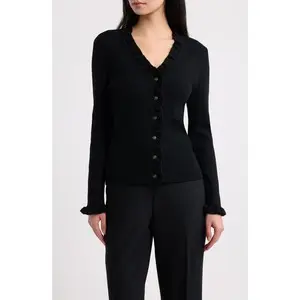 TAHARI ASL Ruffled Neck Cardigan - Black