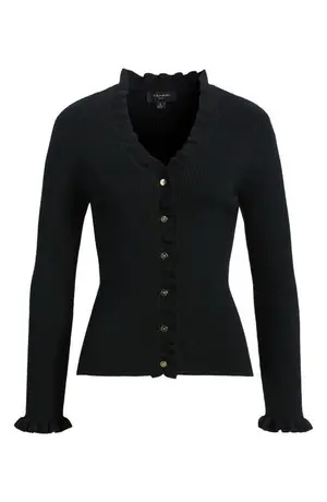 TAHARI ASL Ruffled Neck Cardigan - Black