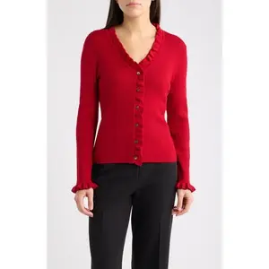 TAHARI ASL Ruffled Neck Cardigan Lipstick