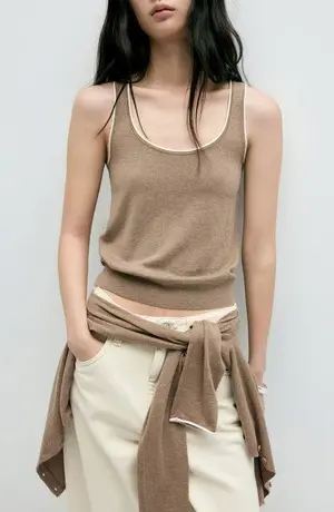 Mango Contrast Piping Knit Top Medium Brown