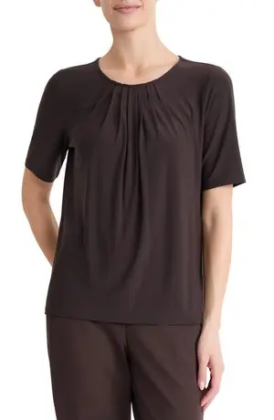 KASPER Pleated Neck Top - Rich Chocolate