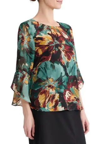 KASPER Ruffle Sleeve Floral Chiffon Top