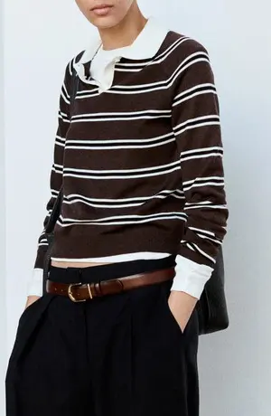 Mango Striped Polo Collar Sweater - Chocolate