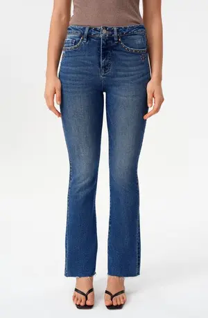 BAYEAS Rivet Studded High Waist Raw Hem Bootcut Jeans - Medium Blue