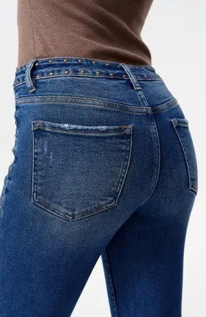 BAYEAS Rivet Studded High Waist Raw Hem Bootcut Jeans