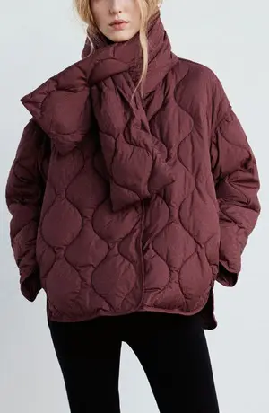 Mango Quilted Anorak With Detachable Scarf Maroon