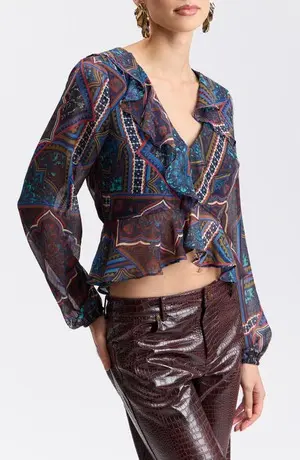 Avec Les Filles Ruffle Crinkle Chiffon Peplum Top
