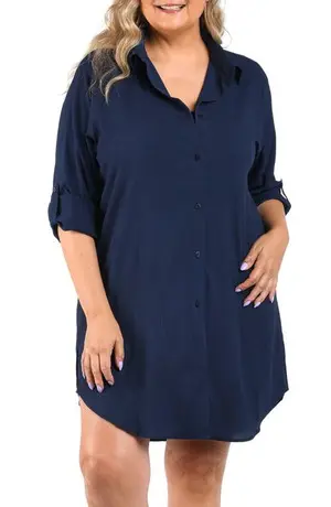 MAXINE OF HOLLYWOOD Crinkle Crepe Swim Cover-up Camp Shirt - Indigo