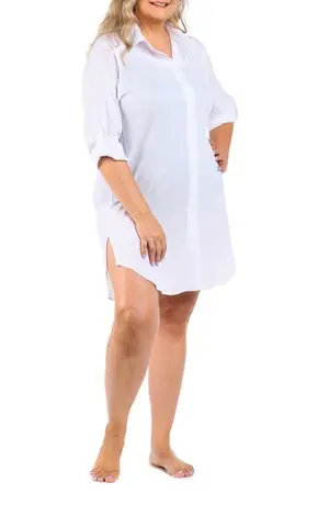 MAXINE OF HOLLYWOOD Crinkle Crepe Swim Cover-up Camp Shirt - White