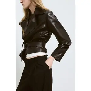 Mango Belted Leather Jacket - Chocolate