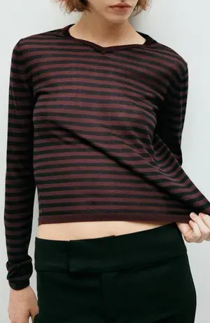 Mango Stripe V-neck Sweater - Wine
