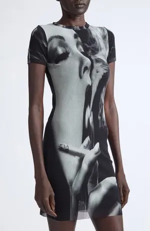 JEAN PAUL GAULTIER Smoking Printed Mesh Minidress - Black/grey/white