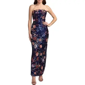 Mac Duggal Floral Sequin Mesh Strapless Column Ankle Dress - Midnight Multi