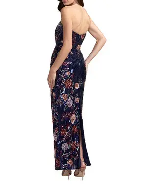 Mac Duggal Floral Sequin Mesh Strapless Column Ankle Dress - Midnight Multi