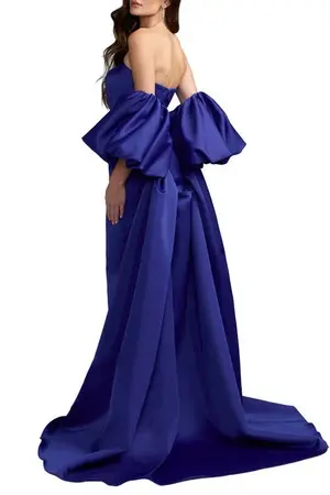 Mac Duggal Strapless Puff Sleeve Satin Gown With Cape