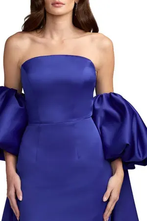 Mac Duggal Strapless Puff Sleeve Satin Gown With Cape