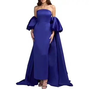 Mac Duggal Strapless Puff Sleeve Satin Gown With Cape - Cobalt