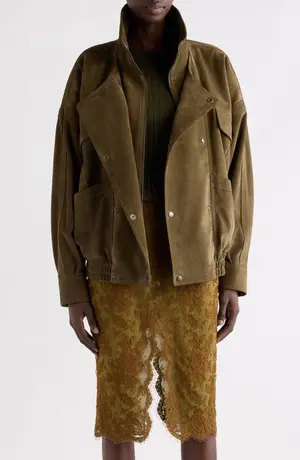 Saint Laurent Double Collar Leather Jacket - Vert Algue