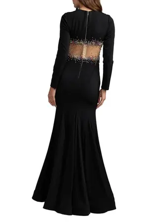 Mac Duggal Long Sleeve Sheer Detail Jersey Mermaid Gown