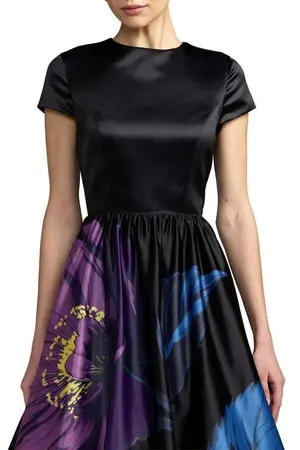 Mac Duggal Satin Cap Sleeve Floral Printed A-line Dress