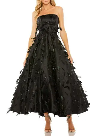 Mac Duggal Strapless Feather Embellished Ballgown - Black