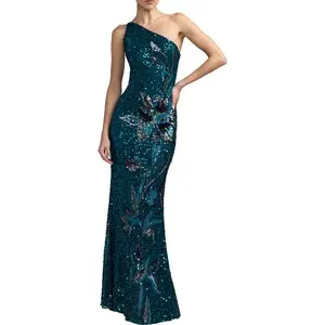 Mac Duggal One-shoulder Floral Sequin Evening Gown - Teal