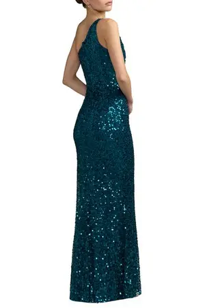 Mac Duggal One-shoulder Floral Sequin Evening Gown