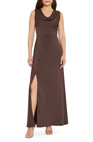 TAHARI ASL Cowl Neck Sleeveless Satin Gown - Chocolate