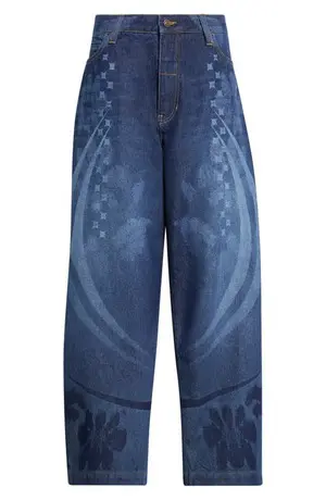 PAOLINA RUSSO Laser Engraved Baggy Wide Leg Jeans - Dark Blue