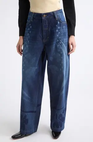 PAOLINA RUSSO Laser Engraved Baggy Wide Leg Jeans - Dark Blue