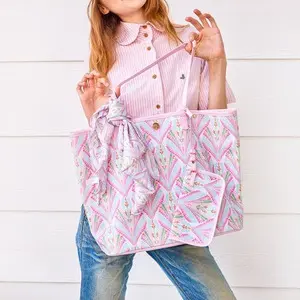 PACKED PARTY Petals And Plumes Oversized Tote Bag With Detachable Wristlet Pouchcoated Canvas With Leatherette Straps