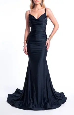 JESSICA ANGEL Ruched Cowl Neck Lace-up Mermaid Evening Gown - Black