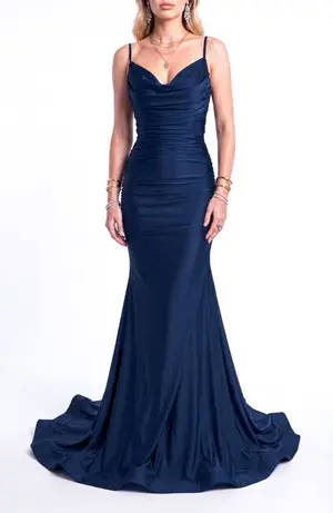 JESSICA ANGEL Ruched Cowl Neck Lace-up Mermaid Evening Gown - Navy