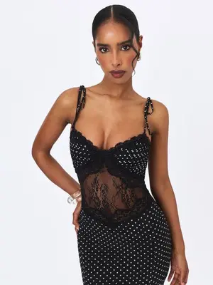 MISS CIRCLE NEW YORK Zehra Chiffon Lace Cutout Mermaid Midi Dress
