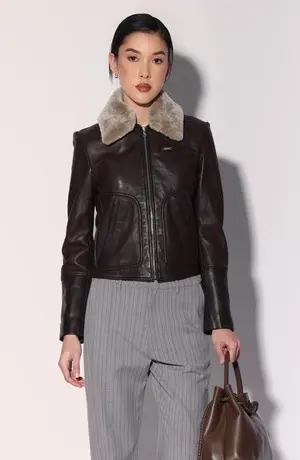 Walter Baker Liza Leather Fur Jacket - Brown