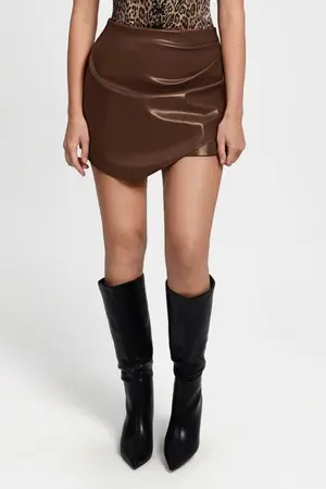 POPILUSH Shapewear Faux Leather High-waisted Skort - Mocha