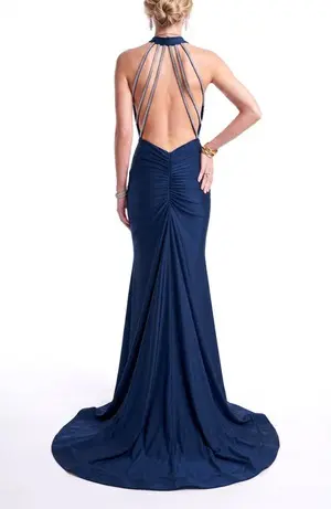 JESSICA ANGEL Rhinestone Open-back Halter Mermaid Evening Gown