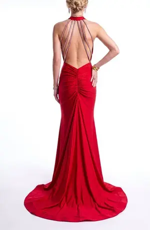 JESSICA ANGEL Rhinestone Open-back Halter Mermaid Evening Gown - Red