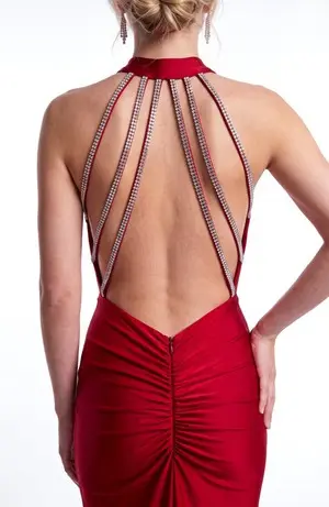JESSICA ANGEL Rhinestone Open-back Halter Mermaid Evening Gown - Red