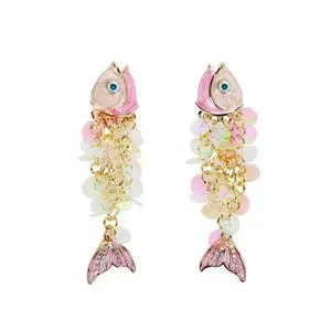 PACKED PARTY Catch Of The Day Fish Dangle Earrings, & Iridescent Sequin Statement Earrings With Gold-tone Hypoallergenic Posts - Pink