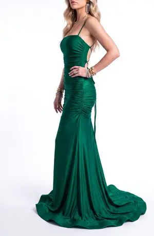 JESSICA ANGEL Ruched Lace-up Back Mermaid Evening Gown - Forest Green
