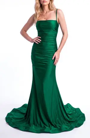 JESSICA ANGEL Ruched Lace-up Back Mermaid Evening Gown - Forest Green