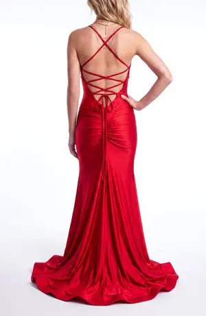 JESSICA ANGEL Ruched Lace-up Back Mermaid Evening Gown