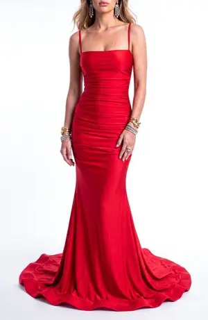 JESSICA ANGEL Ruched Lace-up Back Mermaid Evening Gown